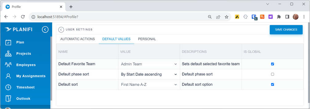 Adjust Profile & Defaults – Planifi
