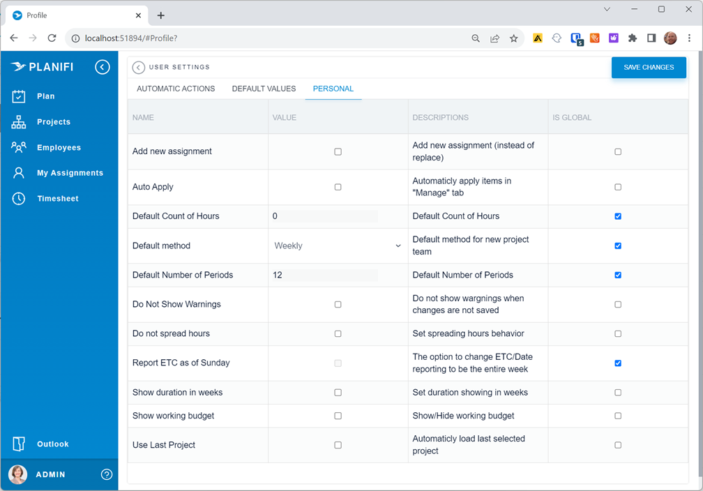 Adjust Profile & Defaults – Planifi